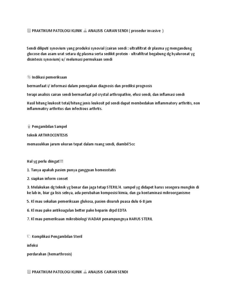 ? Praktikum Patologi Klinik ? Analisis Cairan Sendi | PDF