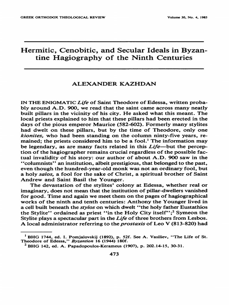 Hermitic Cenobitic and Secular Ideals in Byzantine Hagiography of The ...