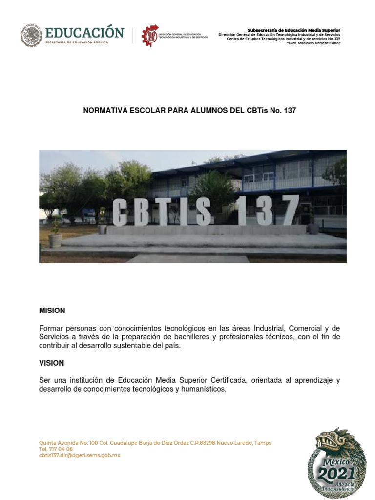 NORMATIVA ESCOLAR PARA ALUMNOS DEL CBTis No. 137 | PDF | Evaluación ...