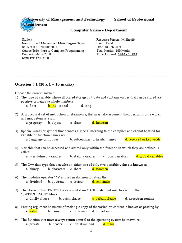 (XC350 Final Exam Fall 2020 S2020052008 | PDF | Subroutine | Variable ...