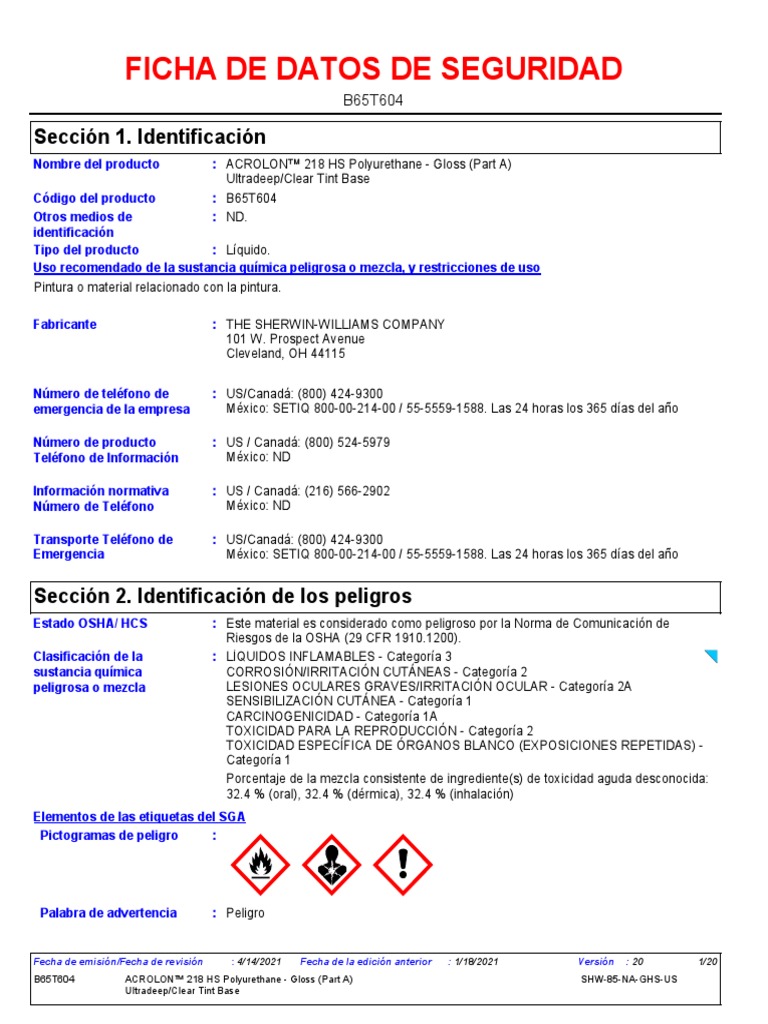 MSDS Acrolon UD Español | PDF | Agua | Dióxido de carbono