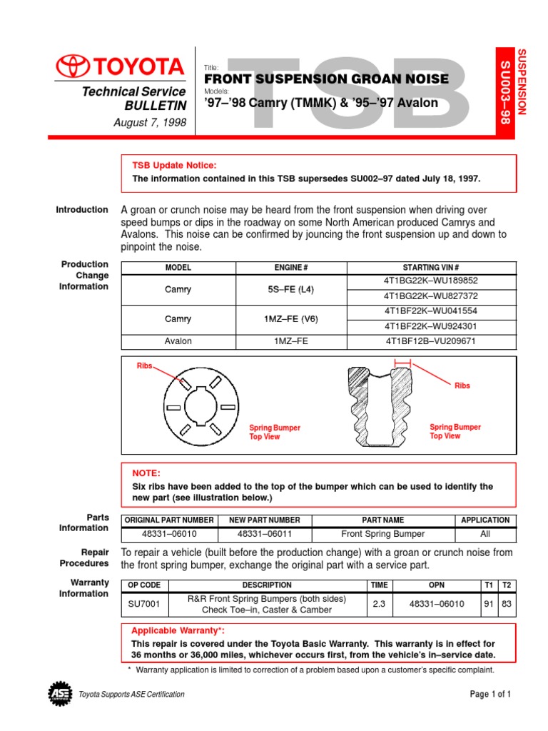 Camry TSB Front Suspension T-SU003-98 | PDF | Vehicle Technology | Toyota