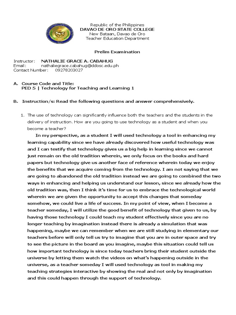 Prelim - Ped 5-Examination Outline | PDF | Educational Technology | Teachers