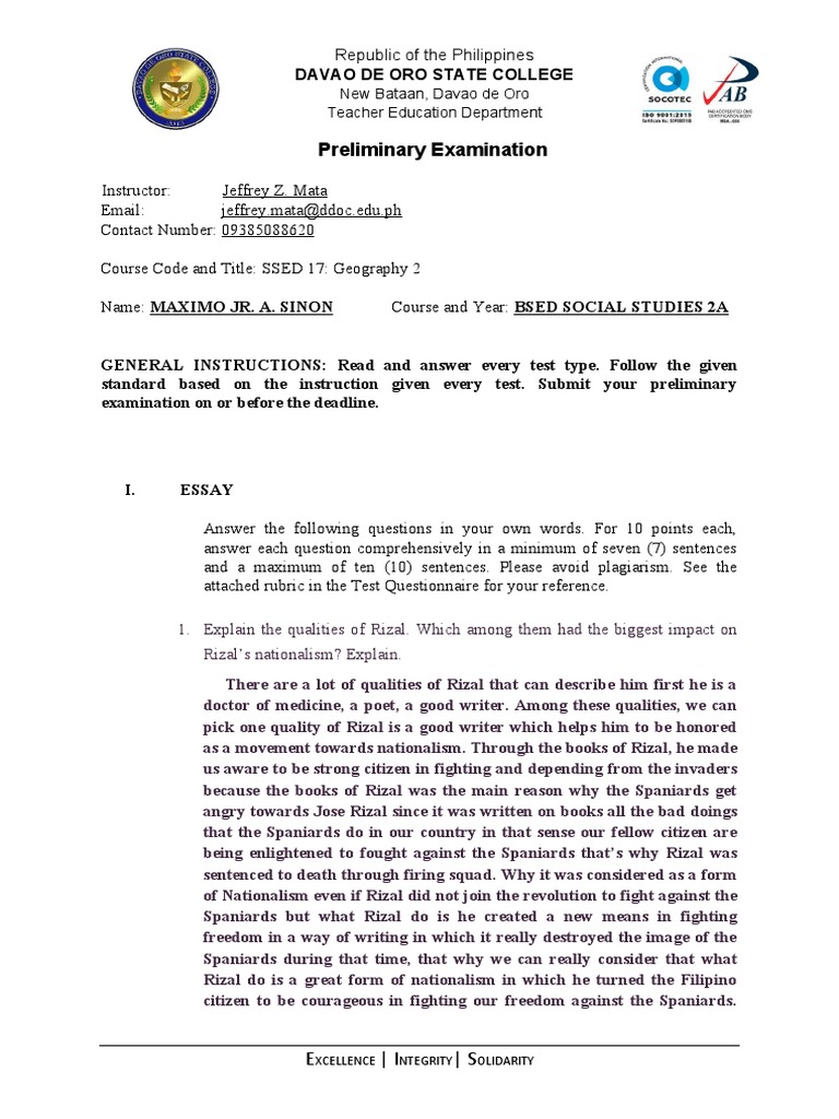 Sinon, Maximo JR, GE7 PRELIMINARY EXAMINATION | PDF | Philippines