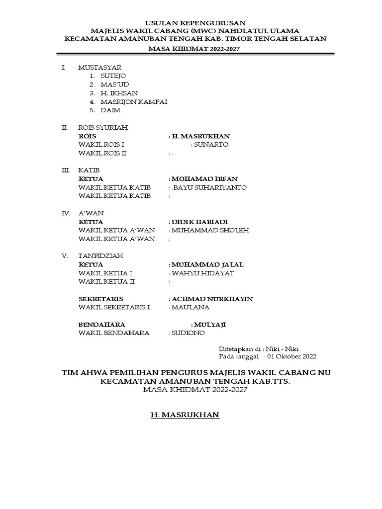Usulan Pengurus MWC NU Amanuban | PDF