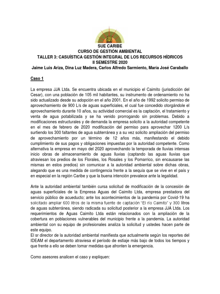 Taller 3 - Casuística - Gestión Integral de Los Recursos Hidricos - JDCM | PDF | Agua ...