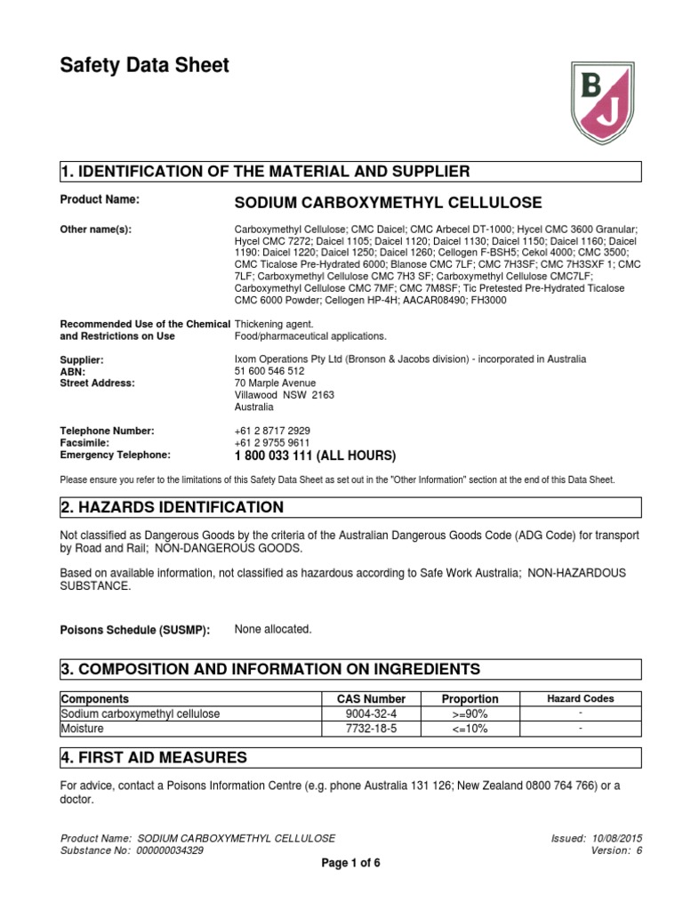 CMC (Sodium Carboxymethyl Cellulose) | PDF | Dangerous Goods | Personal ...
