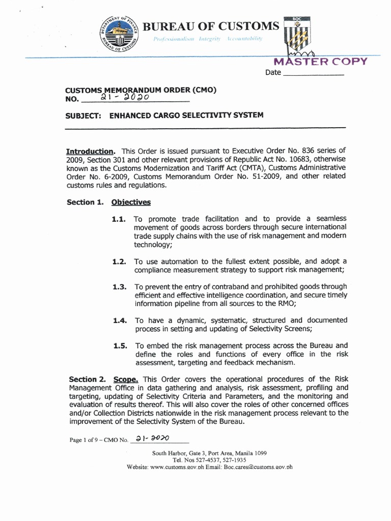 CMO 21 2020 Enhanced Cargo Selectivity System | PDF