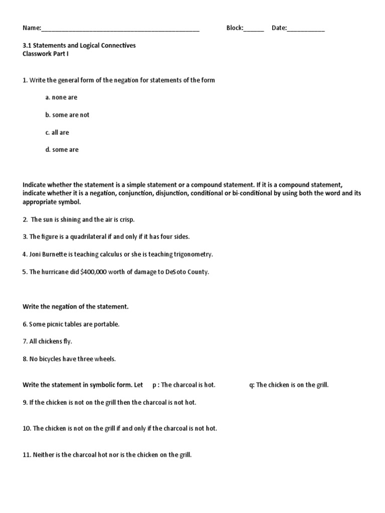 3.1 Part I and II Classwork Problems | PDF | If And Only If | Mathematical Logic