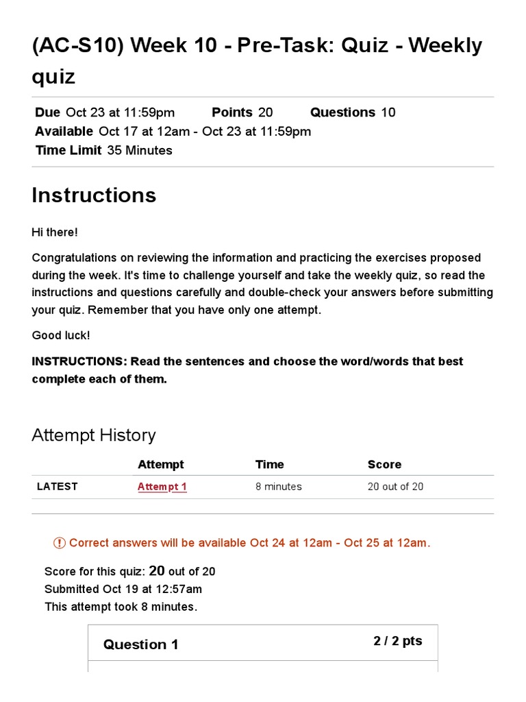 (AC-S10) Week 10 - Pre-Task Quiz - Weekly Quiz INGLES IV (32827) | PDF