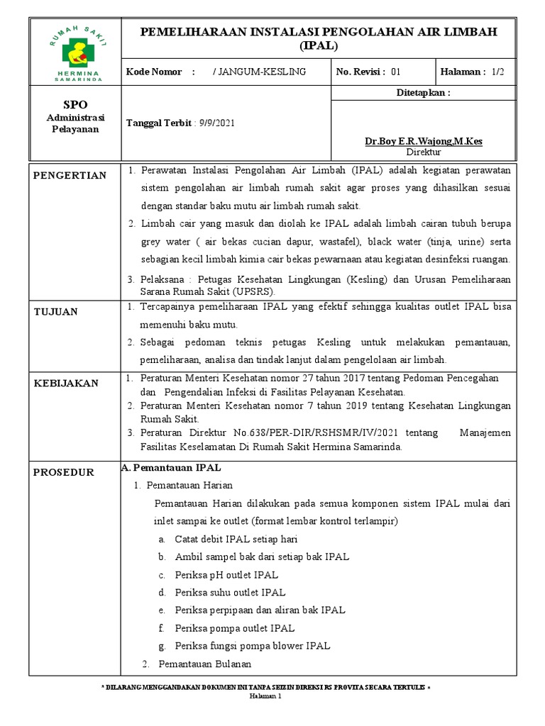 Spo Pemeliharaan Ipal Rsud Palemmai Tandi | PDF