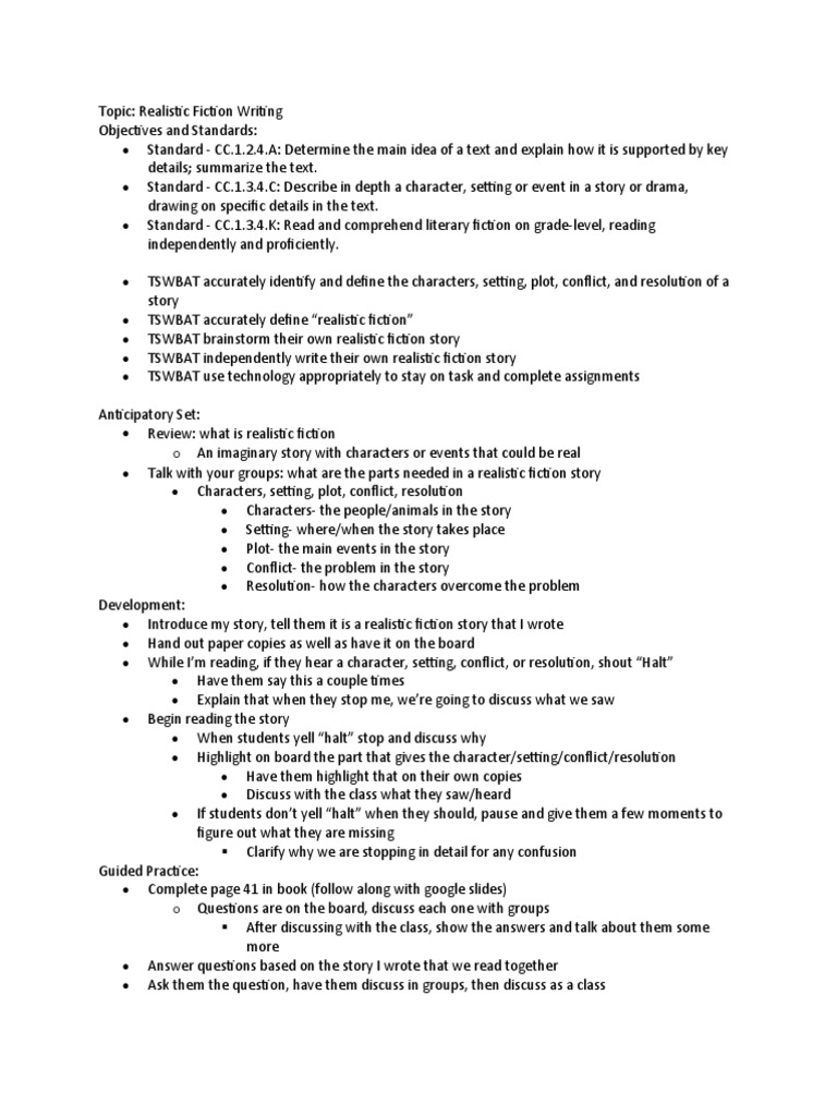 Realistic Fiction Lesson Plan | PDF | Writing
