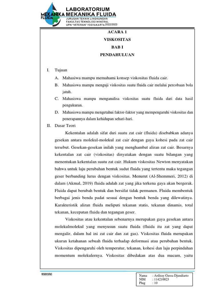 Acara 1 Viskositas Bab I Pendahuluan | PDF