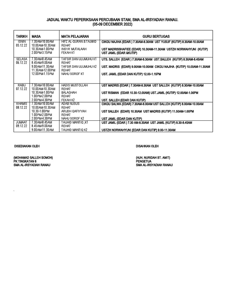 Jadual Peperiksaan Percubaan STAM 2022 | PDF