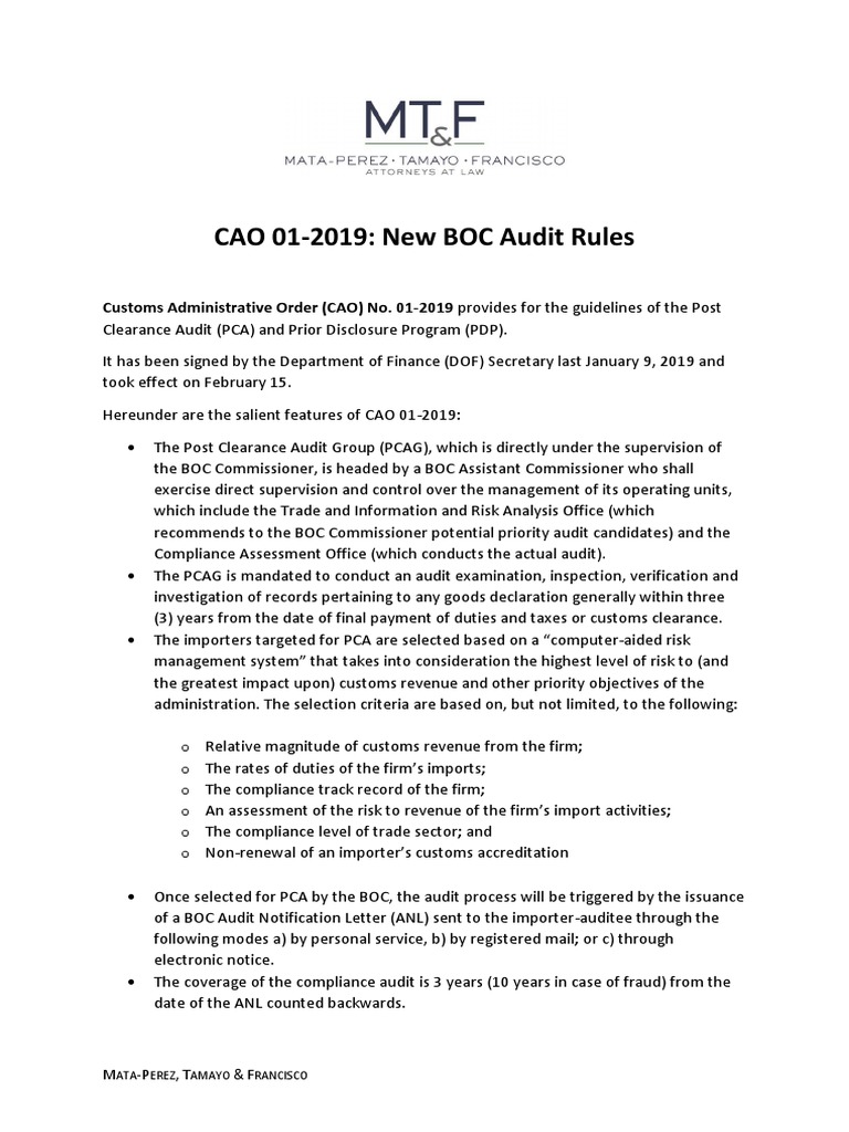 CAO 01 2019 - New BOC Audit Rules | PDF | Audit | Customs