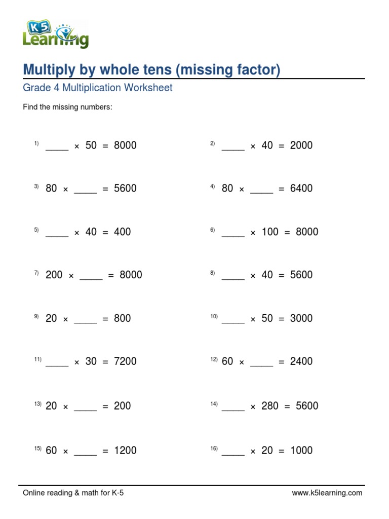 Grade 4 Multiply by Whole Tens Missing Factor A | PDF | Teaching ...
