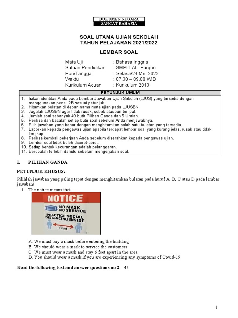 Soal Ujian Bahasa Inggris SMP 2022 | PDF