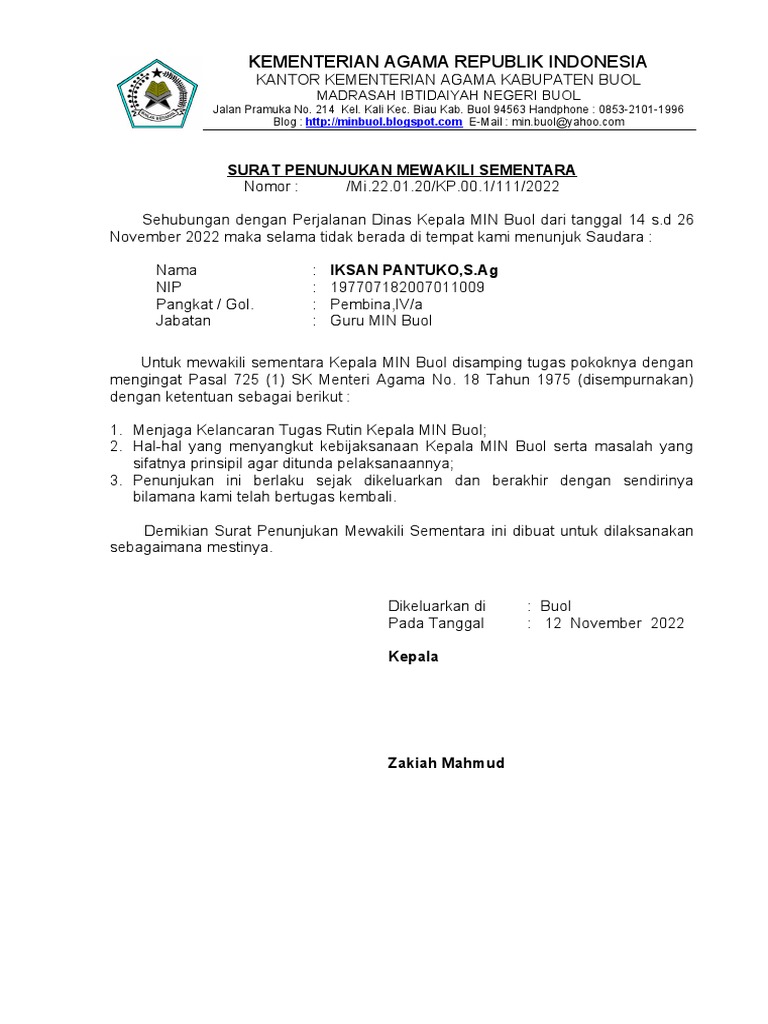 Penunjukan Pengganti Kepala MIN Buol | PDF