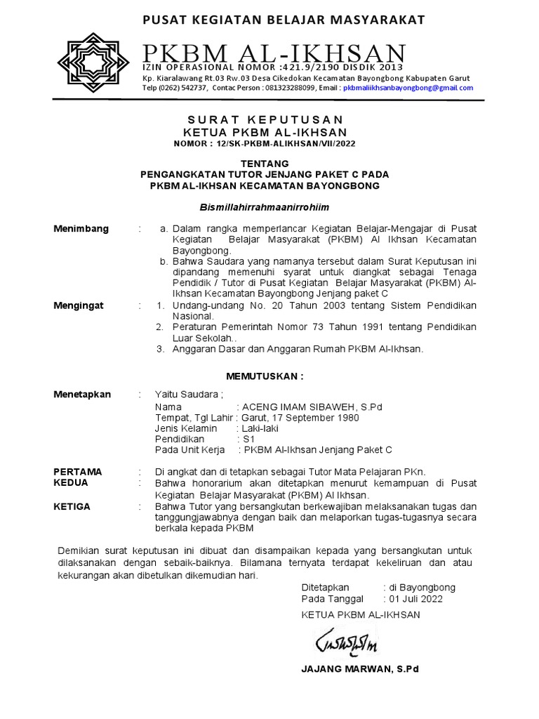 SK Tutor Aceng Imam S PKBM ALIKHSAN | PDF