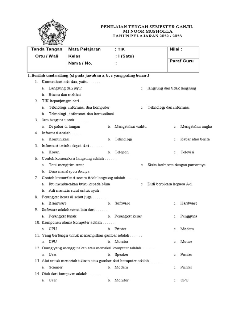 Soal TIK Kls 1 PTS | PDF
