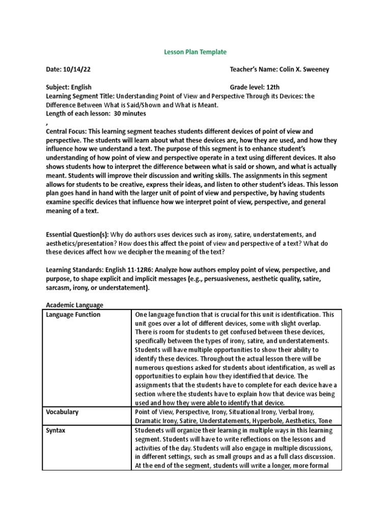 Sweeney Learning Segment | PDF | Irony | Lesson Plan