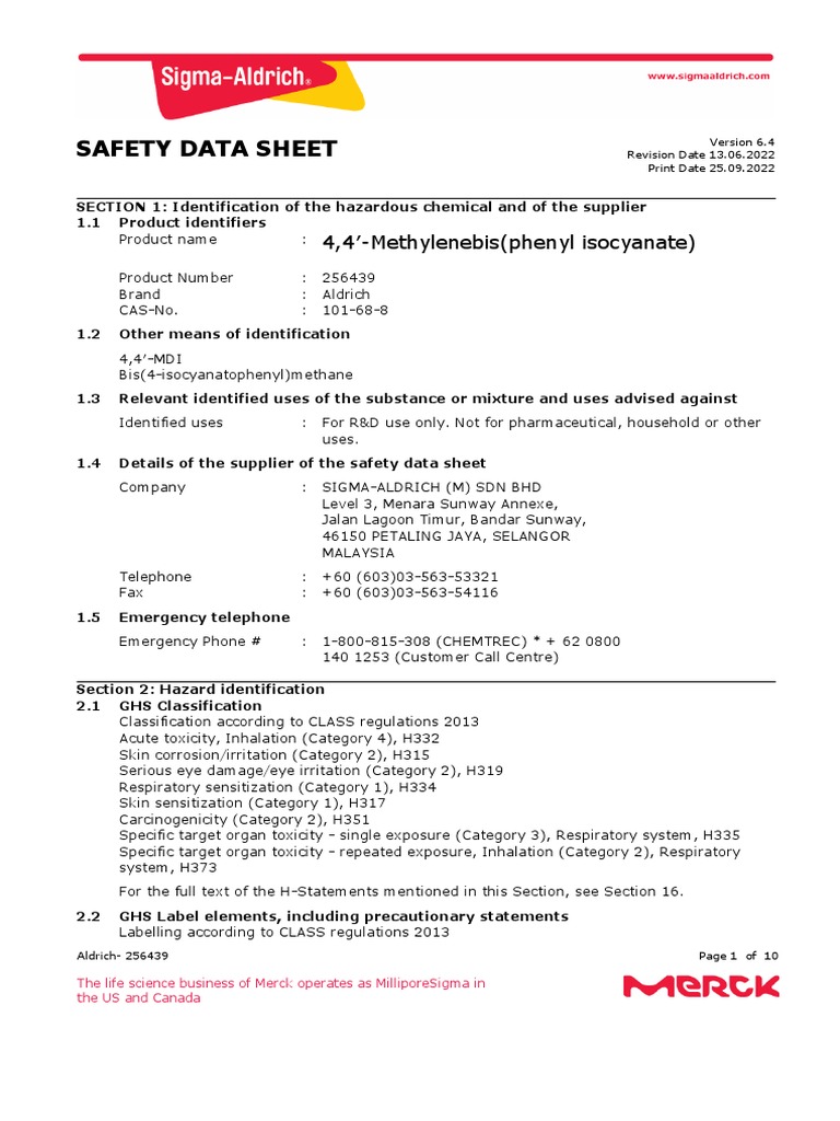 Safety Data Sheet: 4,4 - Methylenebis (Phenyl Isocyanate) | PDF ...