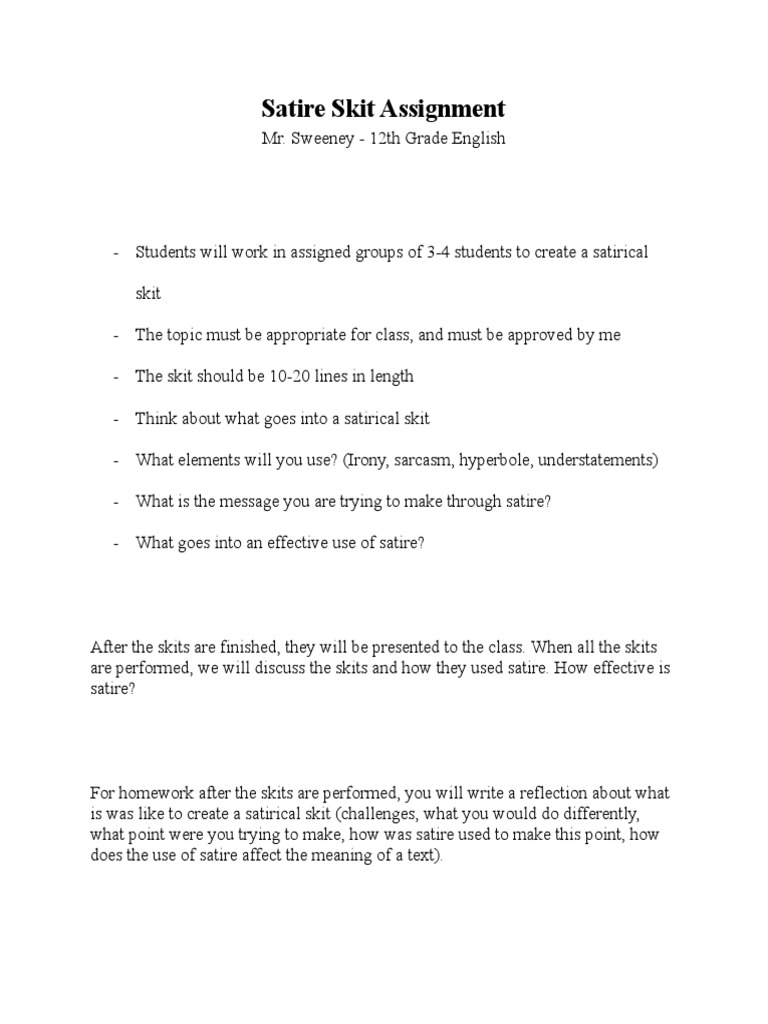 Satirical Skit and Aesthetics Assignment | PDF | Satire | Books