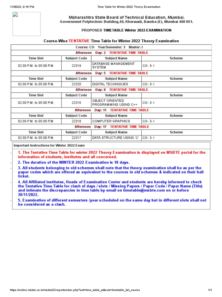 Time Table For Winter 2022 Theory Examination | PDF | Computer Science ...
