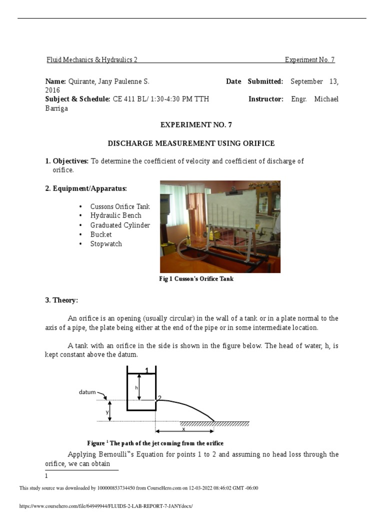 Orifice Discharge Measurement Lab Report | PDF | Soft Matter ...