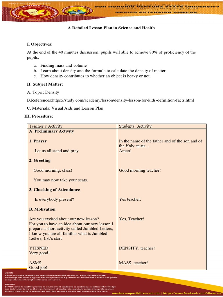 A Detailed Lesson Plan in Science and Health | PDF | Density | Volume