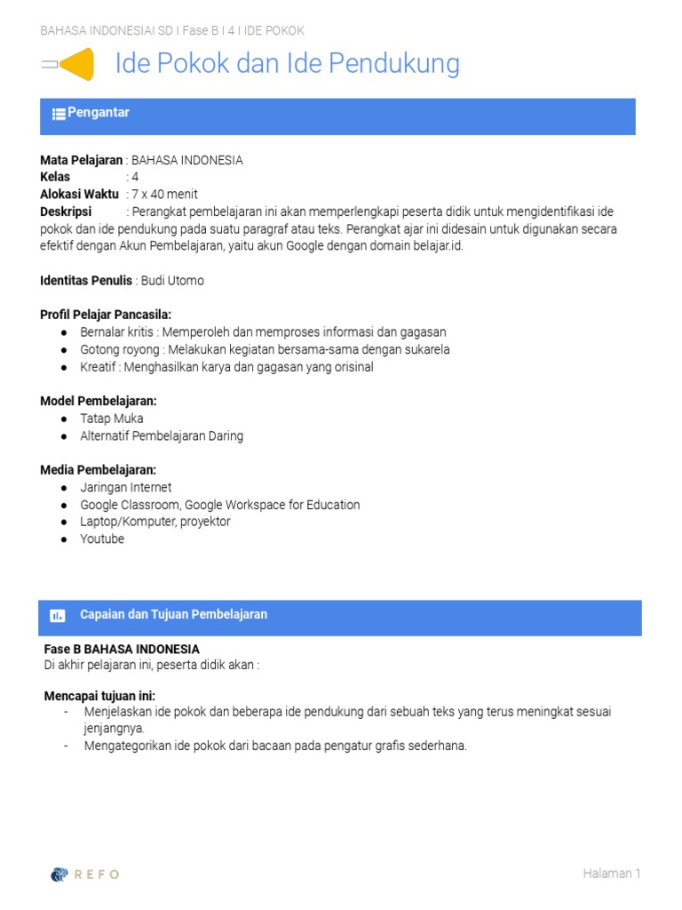 Bahasa Indonesia - Bahan Ajar - 4 - Ide Pokok Dan Ide Pendukung | PDF