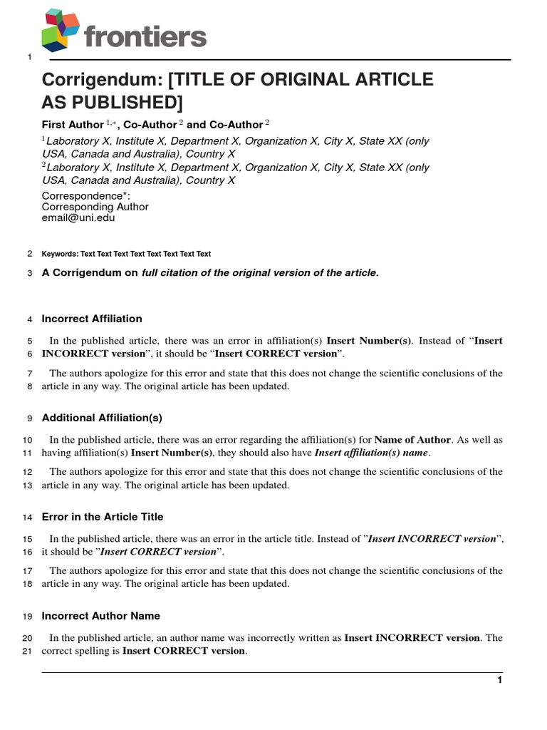 Frontiers Corrigendum Template | PDF | Creative Commons License | Citation