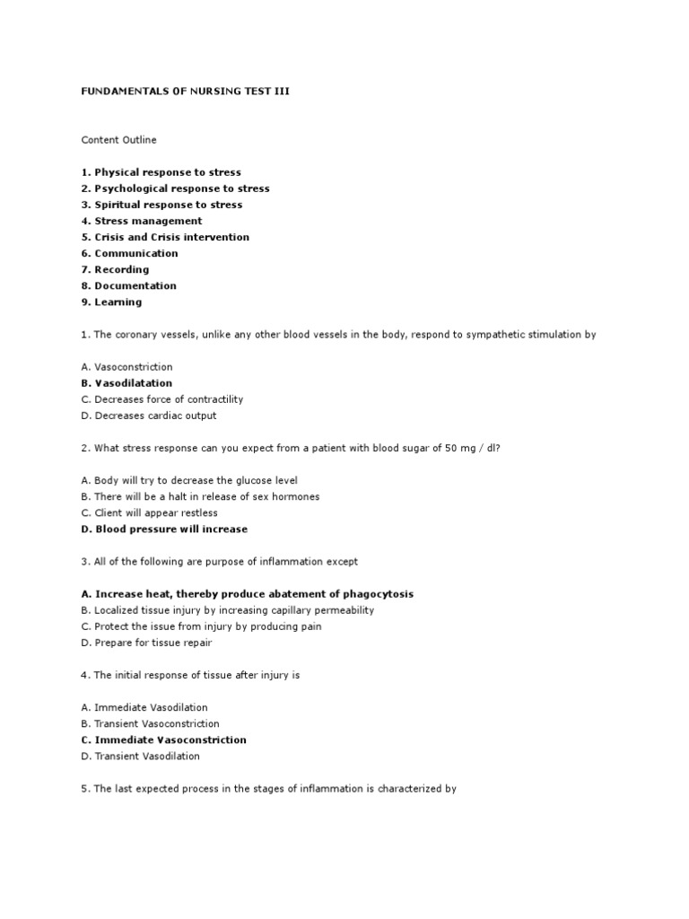 Nursing Test III: Stress & Inflammation | PDF | Vasodilation | White ...