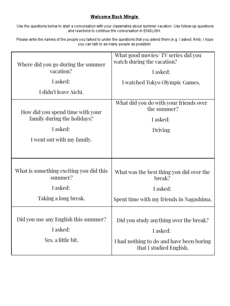 After Summer Welcome Back Activity | PDF