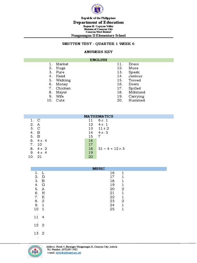 Answer Key Q1 W6 Written | PDF