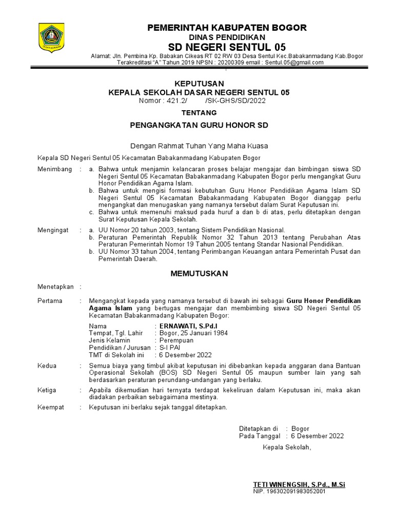 SK Pengangkatan Guru Honor SD 2022 | PDF