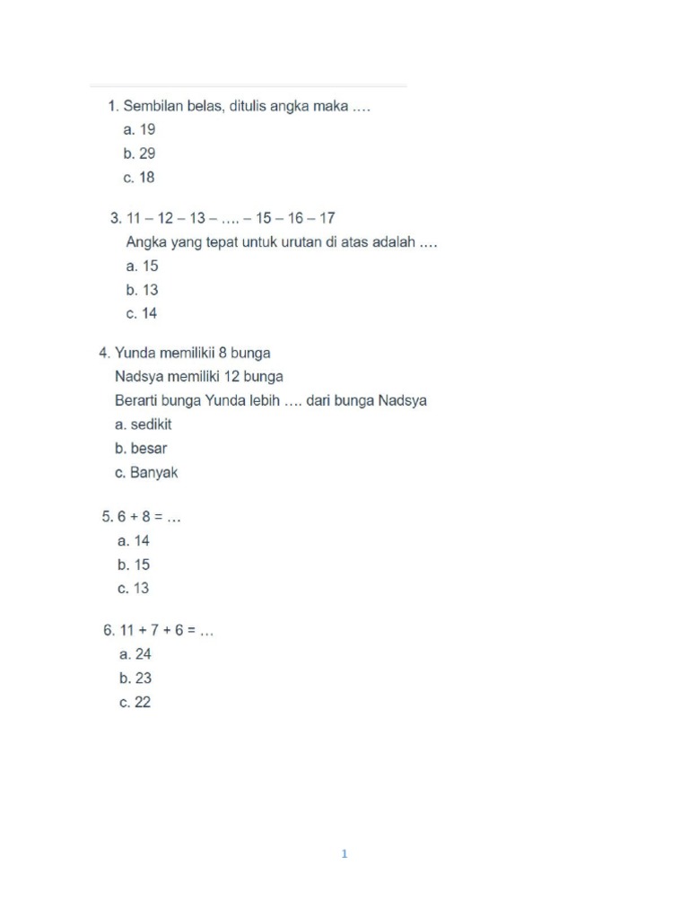 Soal Matematika 1 SD | PDF