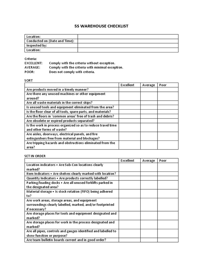 5S Warehouse Checklist | PDF | Warehouse 5S Warehouse Checklist | PDF | Warehouse