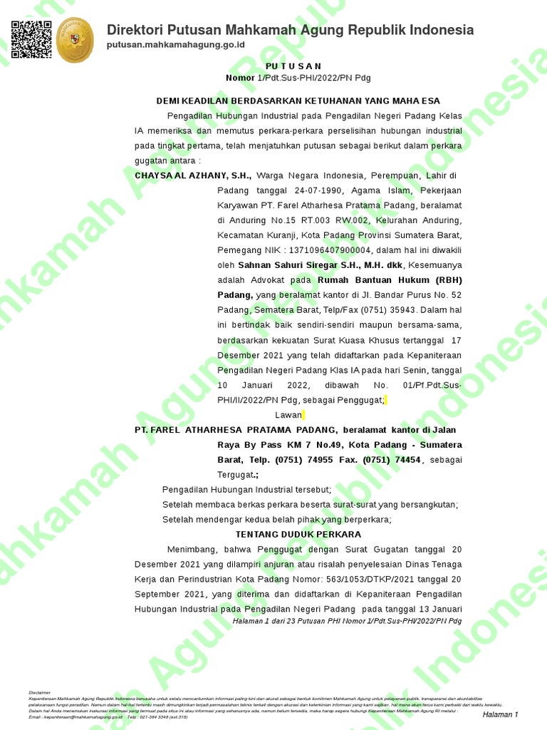 Putusan 1 PDT - Sus-Phi 2022 PN PDG 20220812091904 | PDF