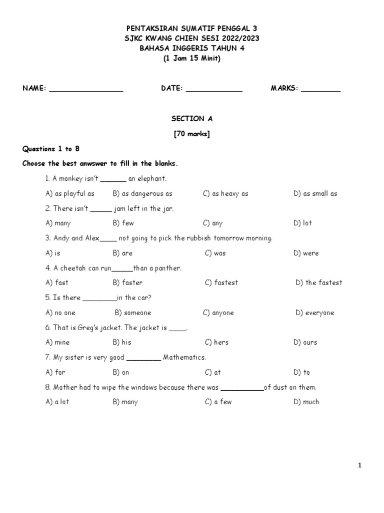 Pentaksiran Sumatif English Year 4 Penggal 3 2022 2023 | PDF | Waste ...
