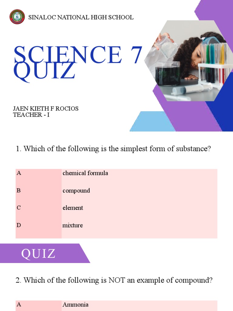 Grade 7 Quiz on Pure Substances & Mixtures | PDF | Mixture | Chemical ...