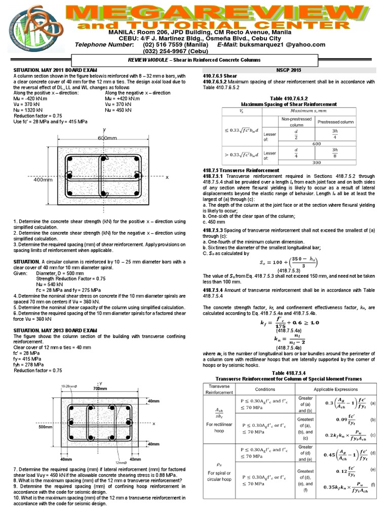 MEGA Review Module - RCD Shear (Part 2) | PDF | Column | Economic Sectors