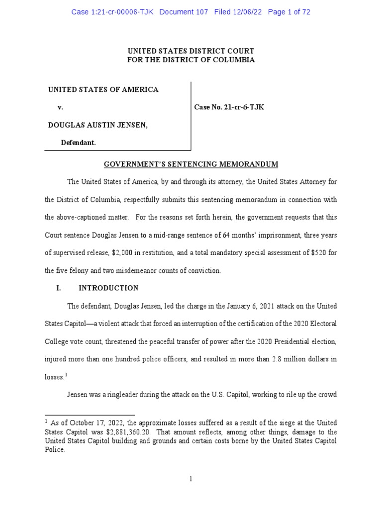 Doug Jensen Sentencing Memorandum | PDF | United States Federal ...