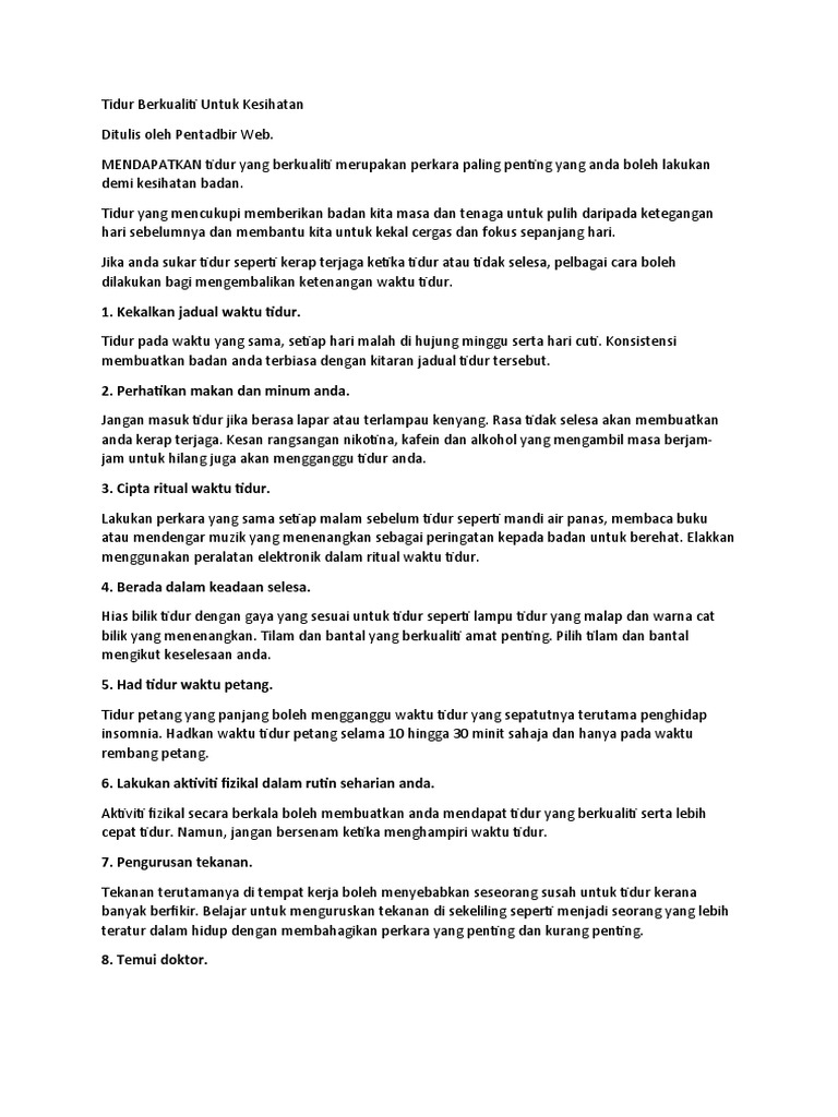 Tidur Berkualiti Untuk Kesihatan | PDF | Pengembangan Diri | Gaya Hidup
