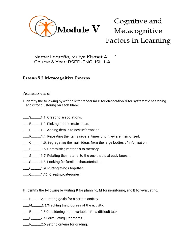 Assessment 5.2 Metacognitive Process | PDF
