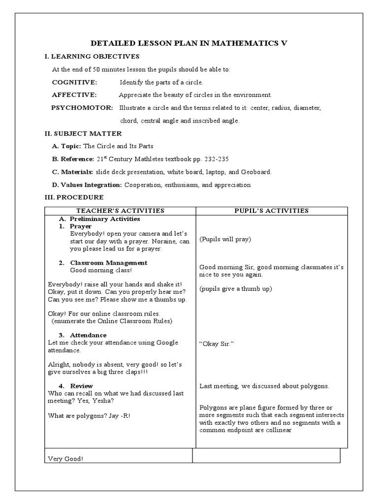 Grade 10 Circle Lesson Plan | PDF | Circle | Angle