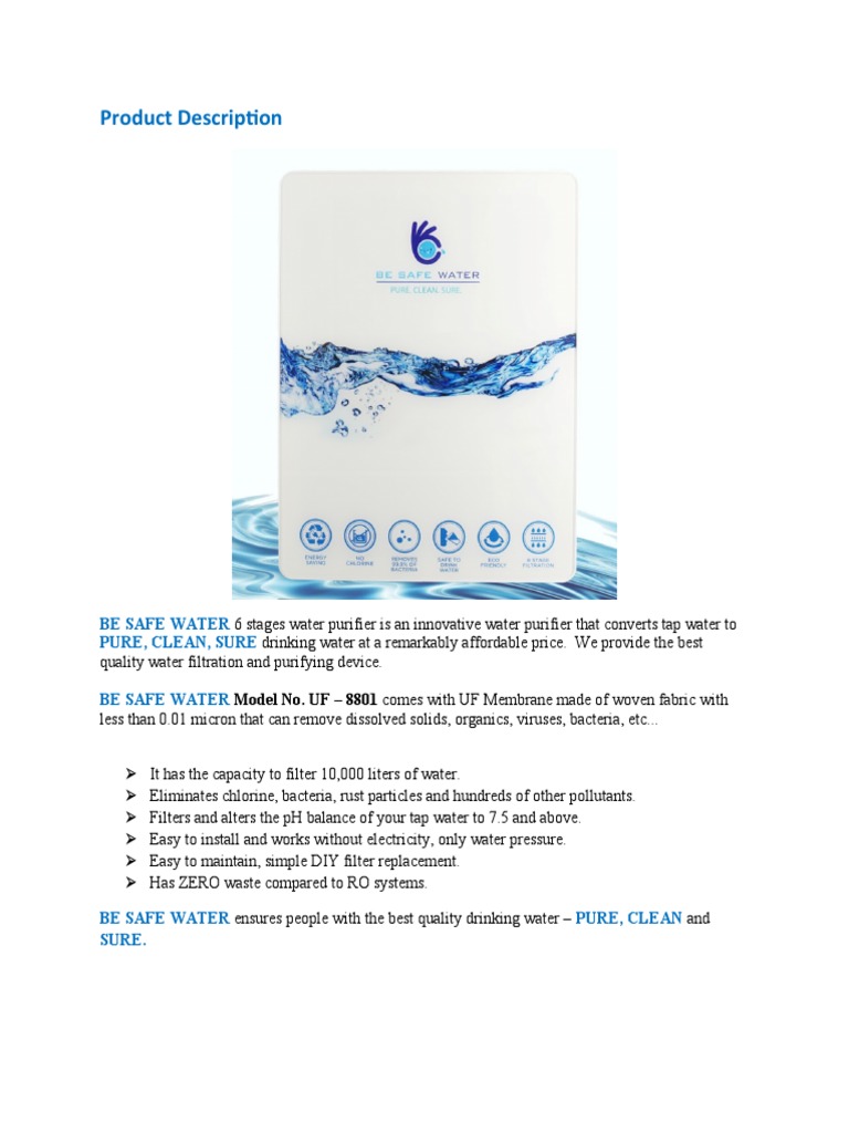 Be Safe Water Product Specs | PDF | Water Purification | Water