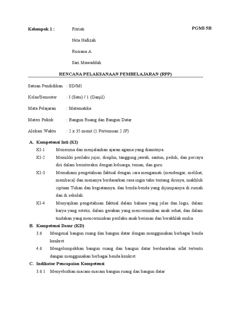 RPP Matematika Kelas 1: Bangun Ruang | PDF