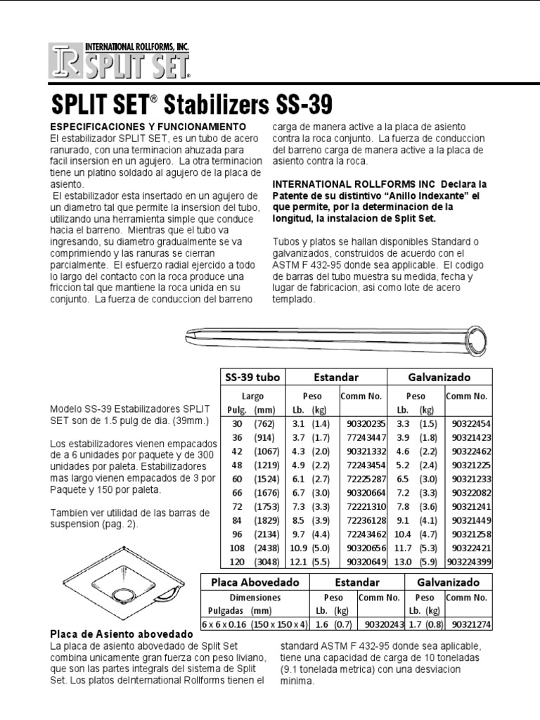 Split Set Stabilizers SS39 | PDF | Perforación | Tornillo