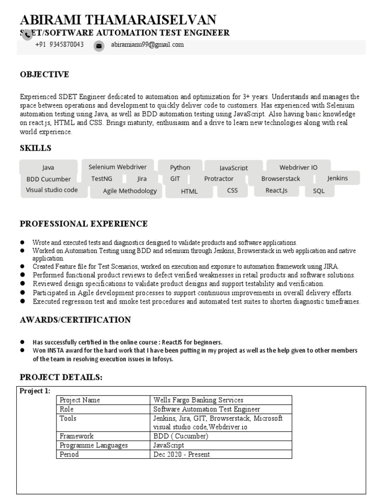 Abirami Thamaraiselvan Resume | PDF | Selenium (Software) | Systems Engineering